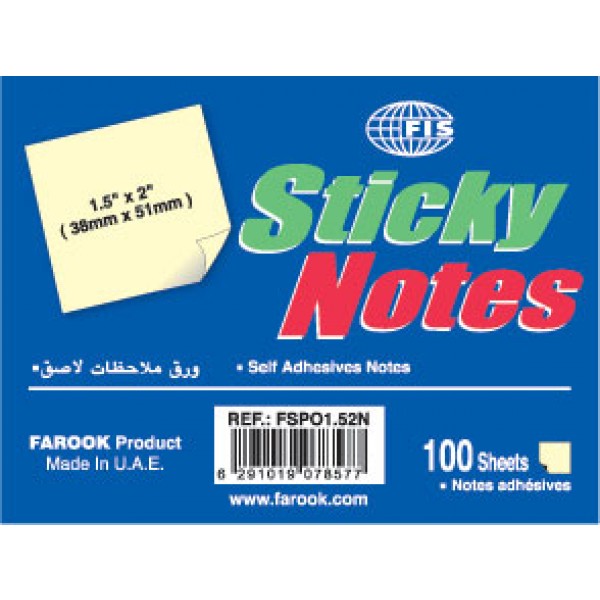 Buy FIS Sticky Note Pad 1.5 x 2in - Yellow (pc) Online @ AED1.5 from Bayzon